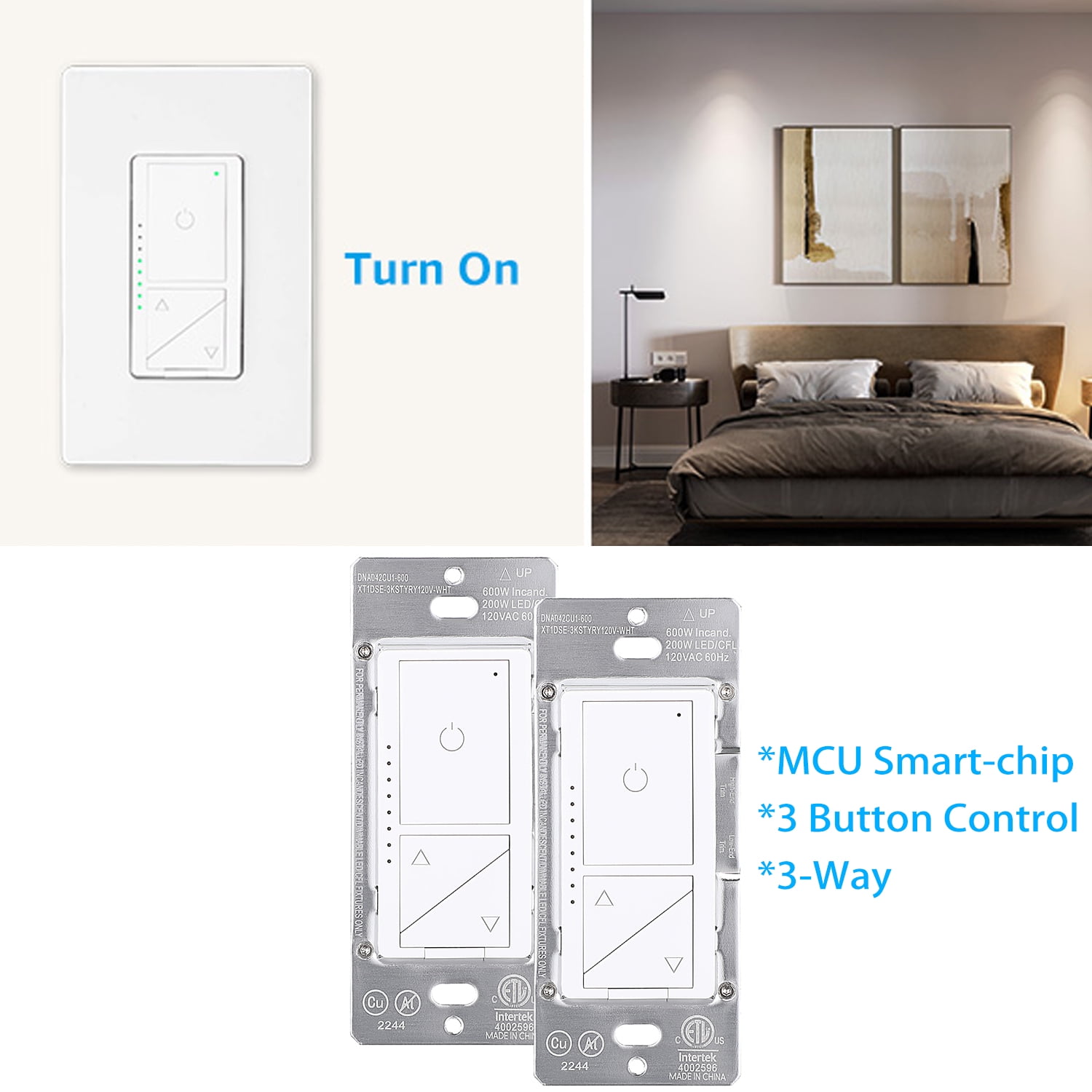 2 Pack 3-Way Dimming Light Switch, Compatible with Dimmable Light Bulbs ...