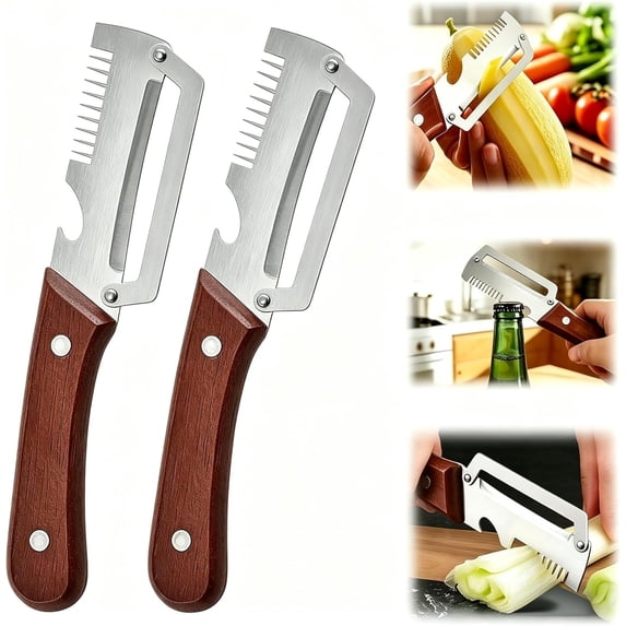 2 Pack 3-in-1 Multi-Functional Veggie Peeler with Wooden Handle, Built ...