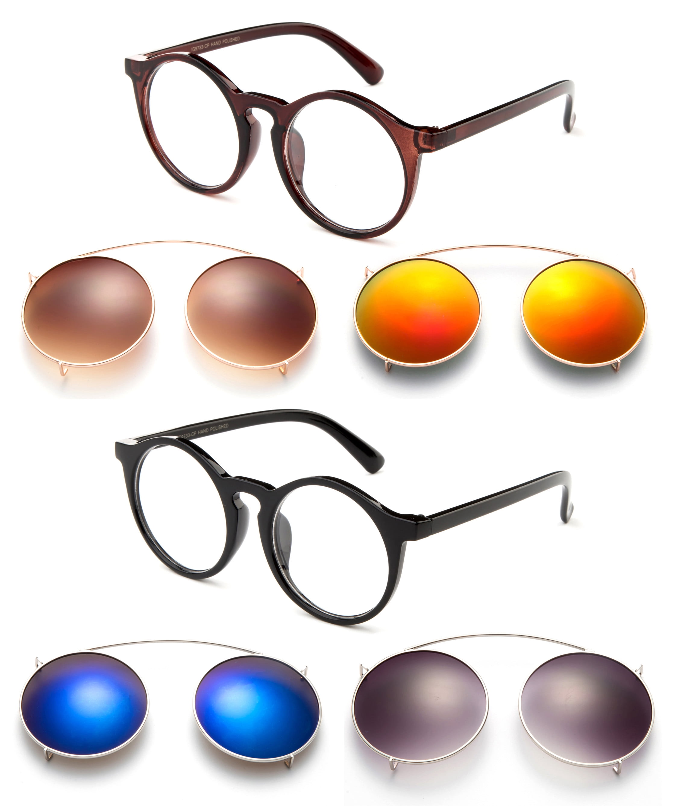 2 Pack 3 in 1 Package Classic Round Clear Lens Frame with Two Clip Ons ...