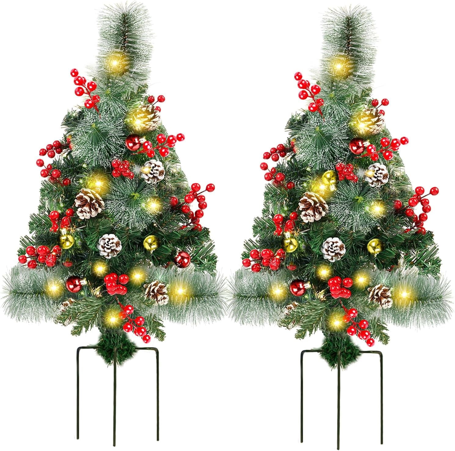 2 Pack 30 Inch Pre-Lit Pathway Christmas Trees, Artificial Christmas Urn Filler with 60 LED ...