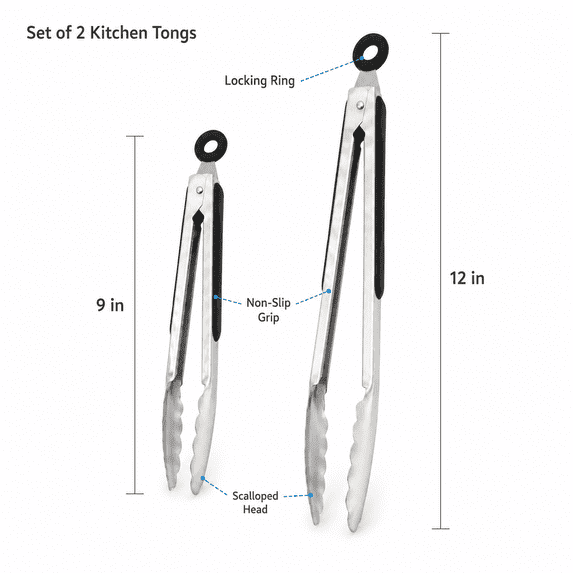 2 Pack 304 Stainless Steel Kitchen Cooking Tongs, 9 Inch and 12 Inch ...