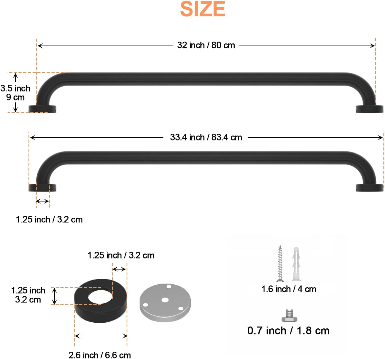 2 Pack 32 Inch Matte Black Shower Grab Bar, Stainless Steel Bathroom ...