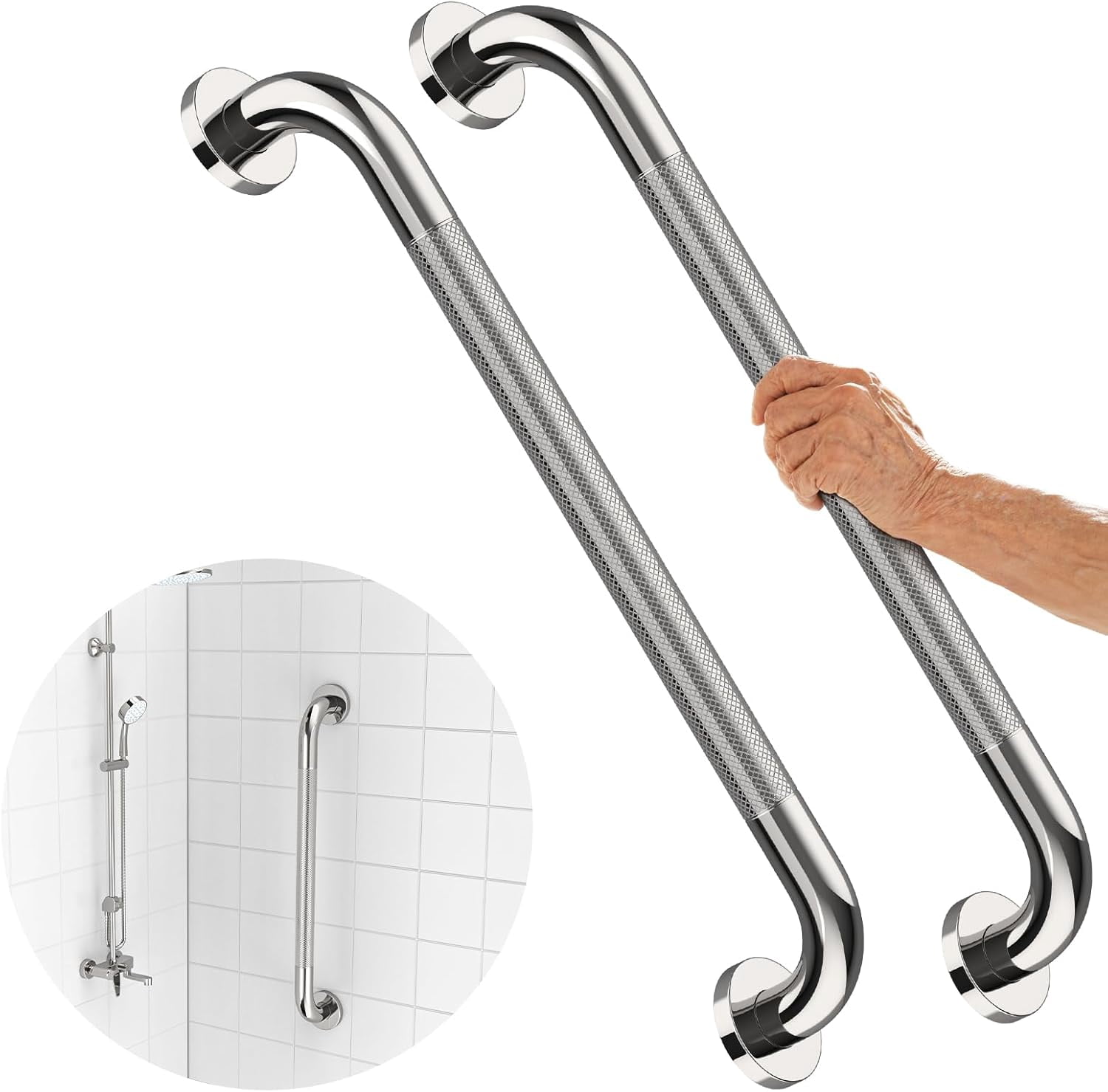 2 Pack 32 Inch Shower Grab Bar with Anti-Slip Grip, Chrome Stainless ...