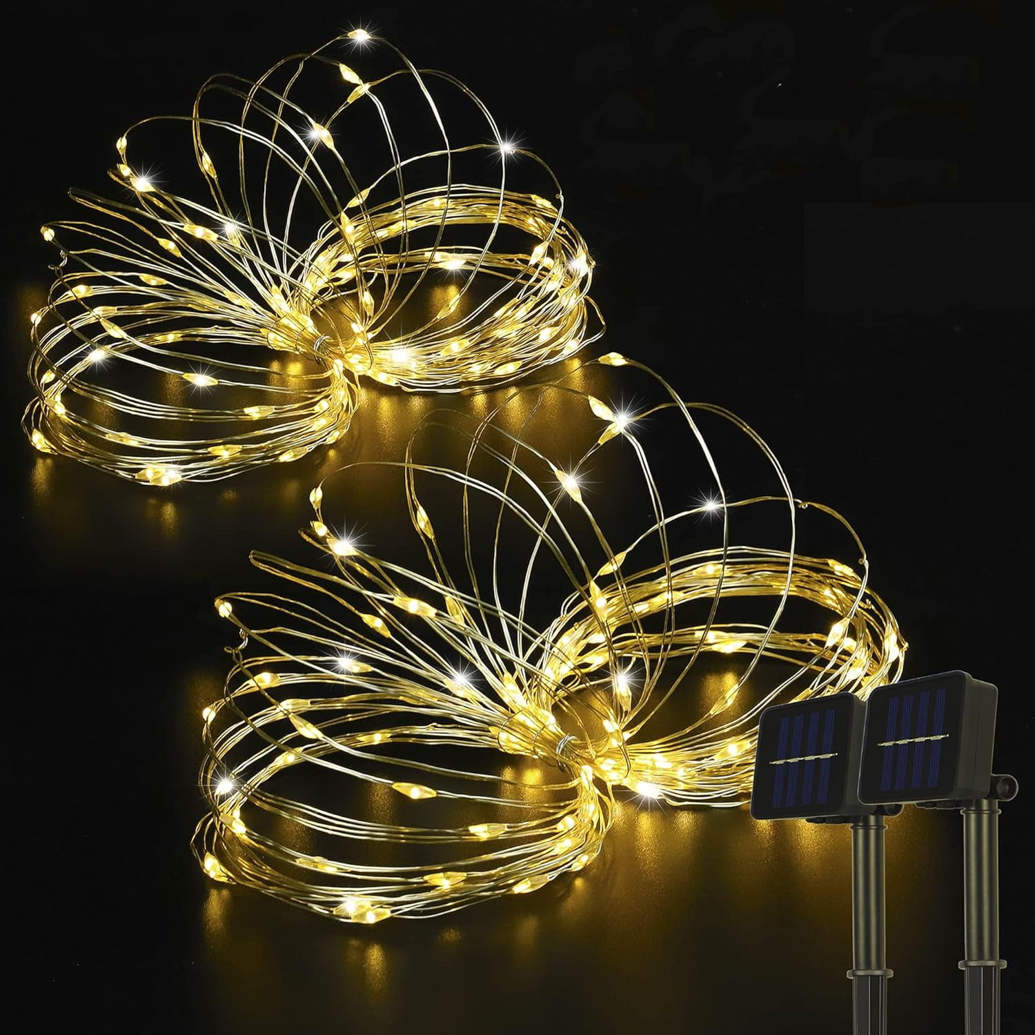 2 Pack 33ft 100 LED Solar Copper String Lights,8 Modes Christmas Fairy ...