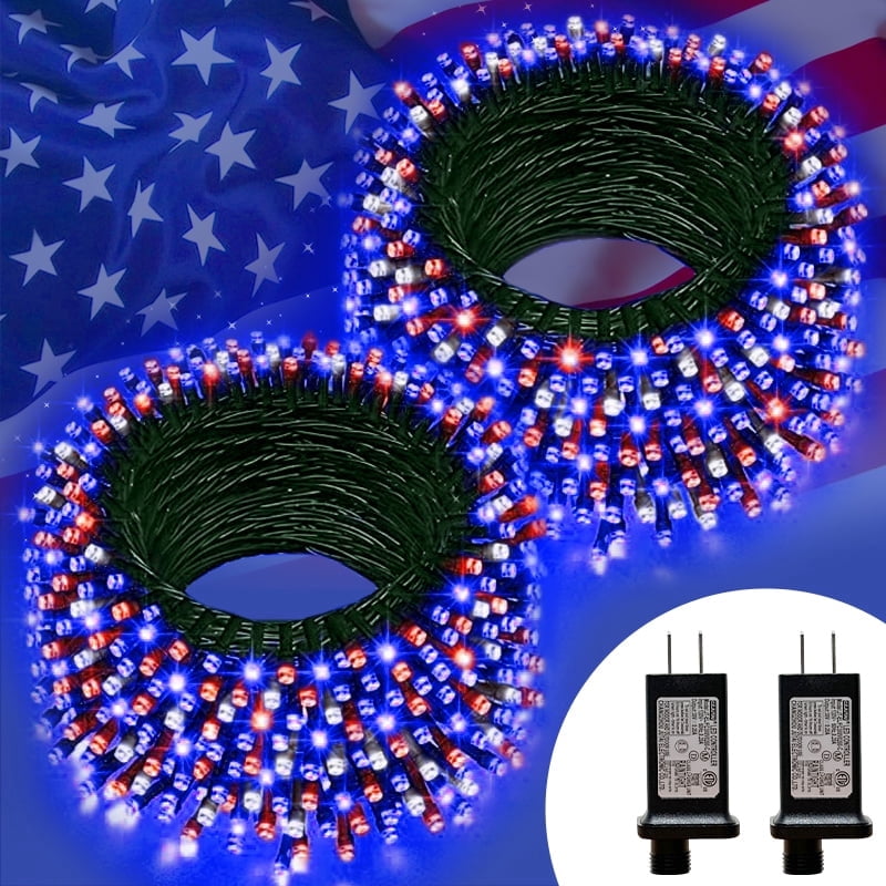 2 Pack 33ft Lights, 100 LED Red, Blue & White String Lights, Green Wire ...