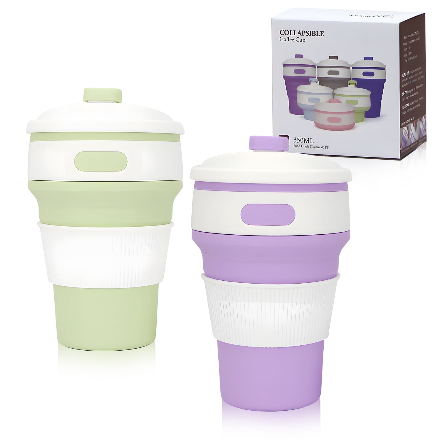 350ml Silicone Collapsible Travel Mugs – Leak-Proof,2-Count Reusable ...
