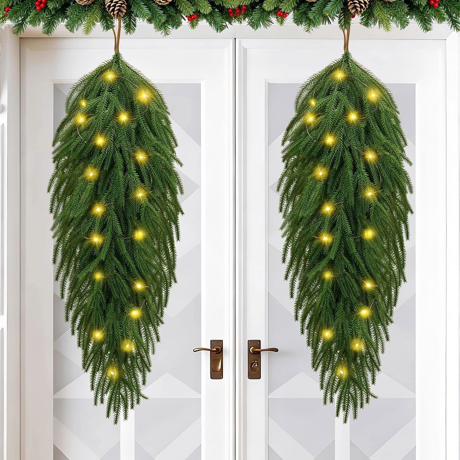 2 Pack 36" Lighted Christmas Teardrop Swag, Faux Pine Cedar Greenery ...