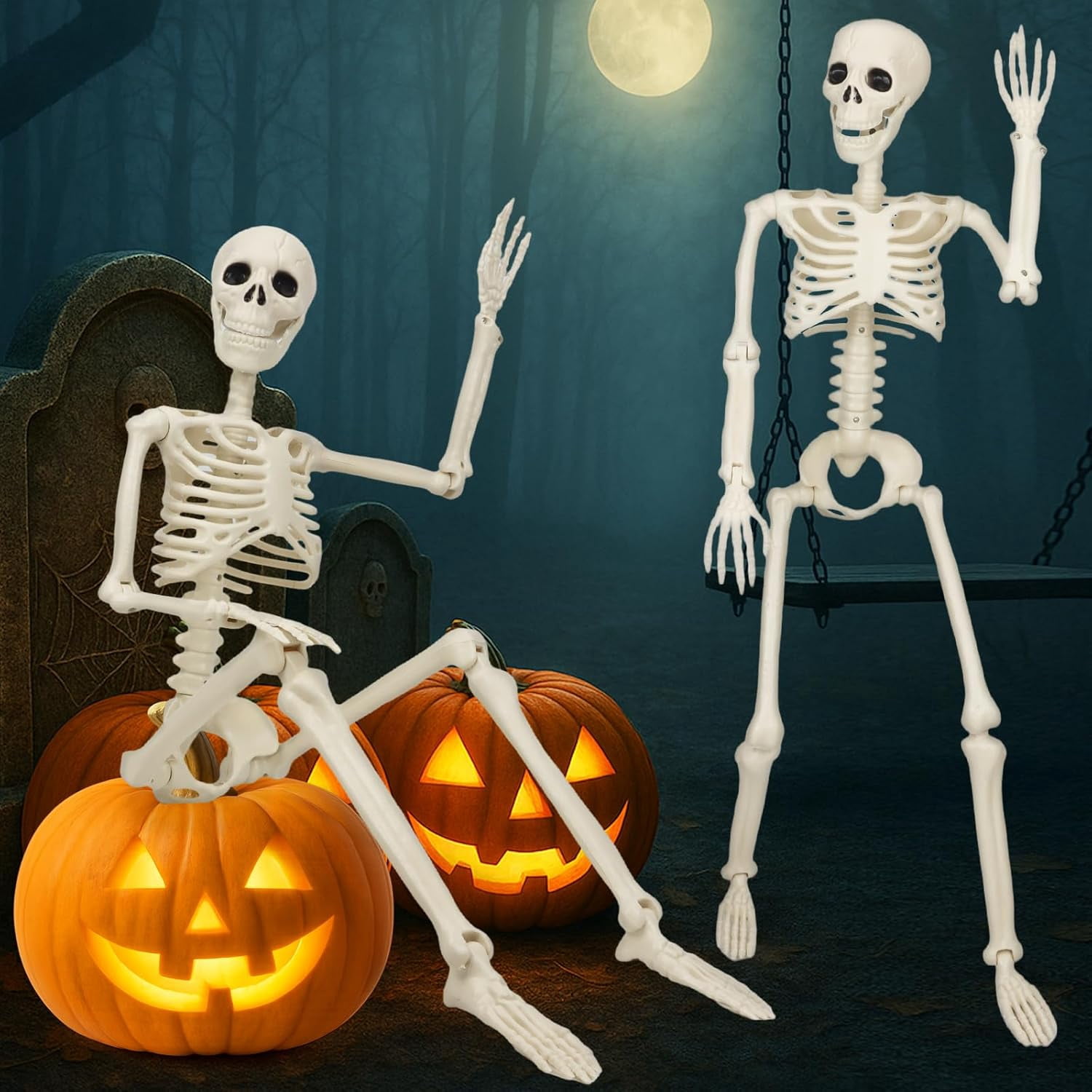 2 Pack 36'' Posable Skeletons Halloween Decorations: 3 FT Life Size ...