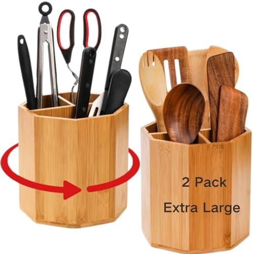 2 Pack 360° Rotating Utensil Holder, Extra Large 7.2” Wood kitchen ...