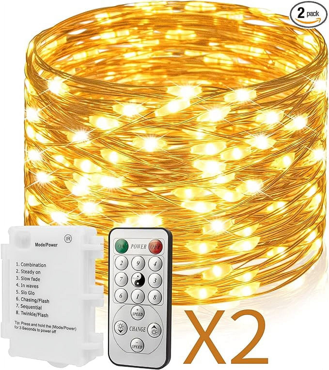 [2 Pack] 36ft 100 LED Battery Operated String Lights Timer on ...