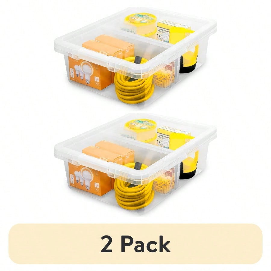 2 Pack 37 Quart Clear Latched Plastic Storage Bin with Divider - Ideal ...