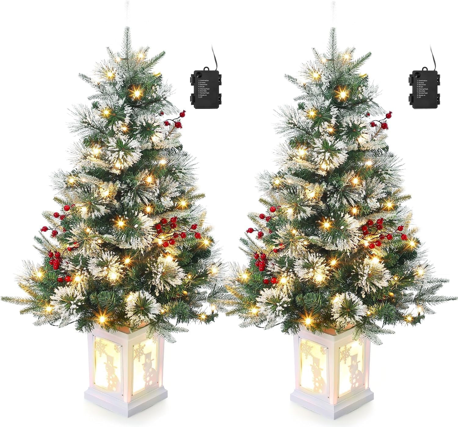 2 Pack 3FT Artificial Snow Flocked Christmas Tree with Snowman Base and ...