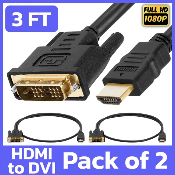 2 Pack 3Ft Hdmi To Dvi Cord Dvi-D M To Hdmi M Cable Adapter Connector ...