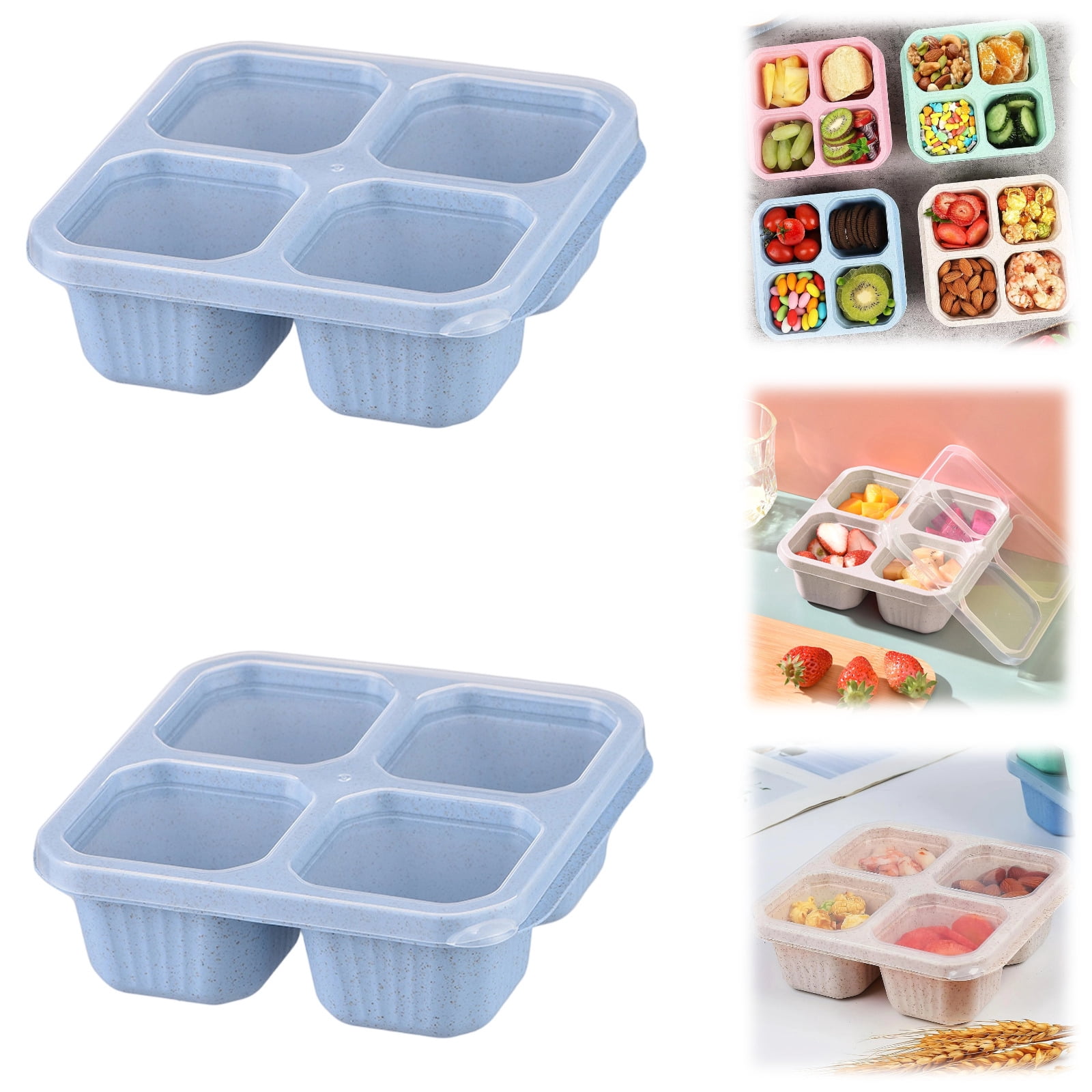 2 Pack 4 Compartment Snack Containers, Portable Bento Divided Snack ...