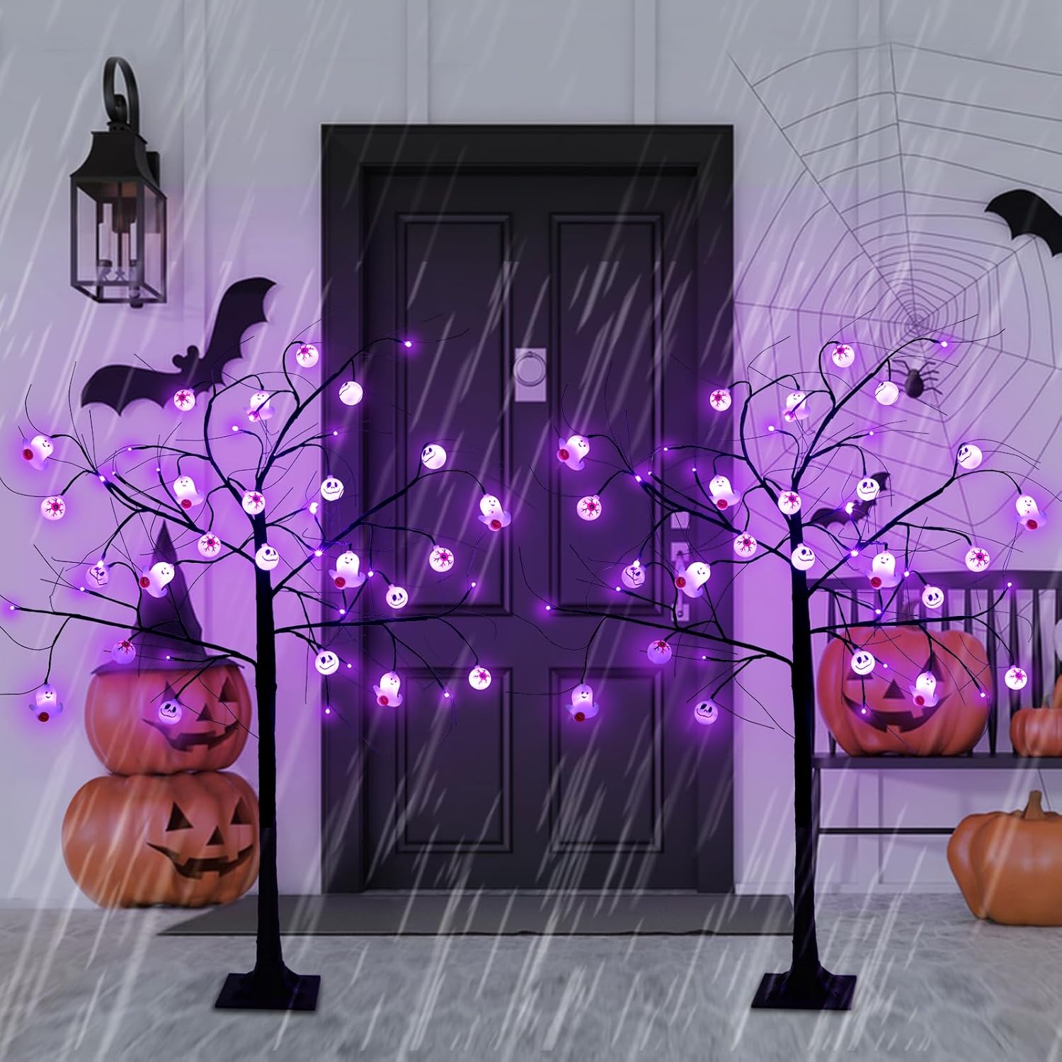 2 Pack 4 FT Spooky Black Halloween Tree with Timer, 48 LED Purple ...