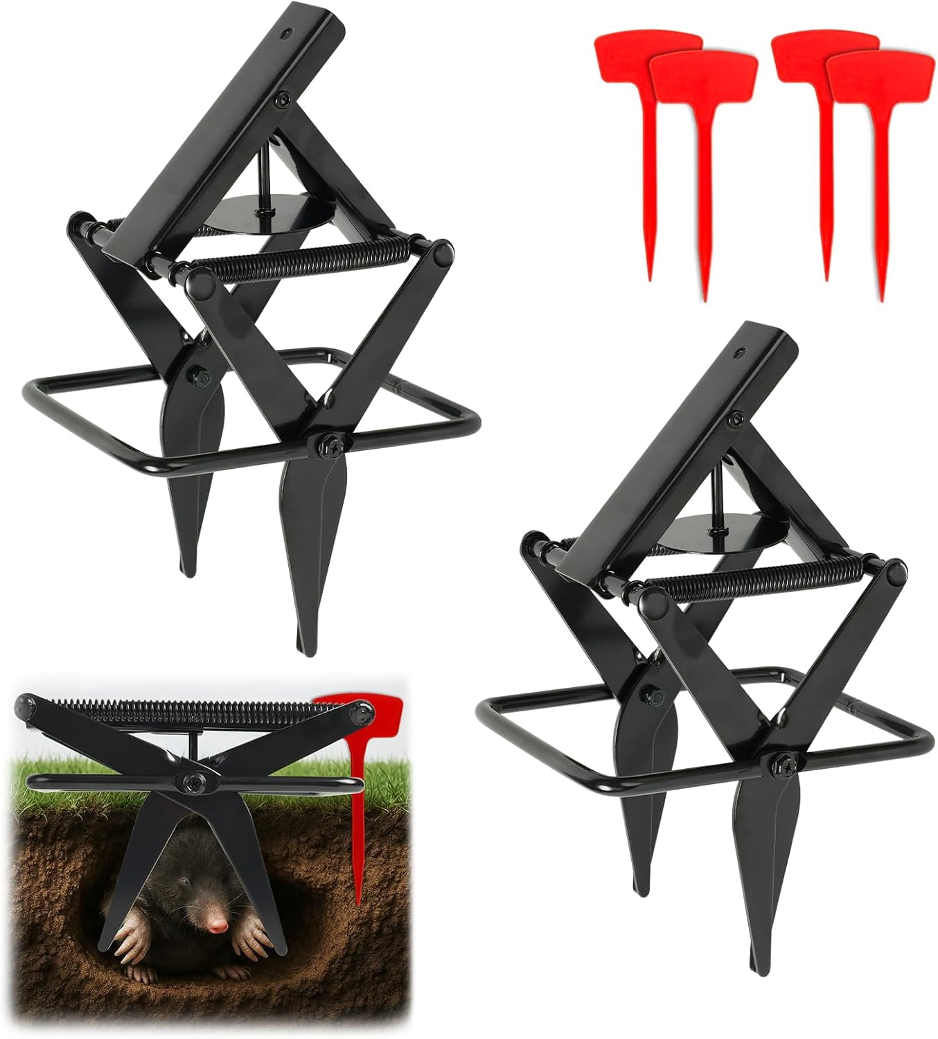 2 Pack with 4 Flags- Stainless Steel Ground Mole Traps, Easy Step Setup ...
