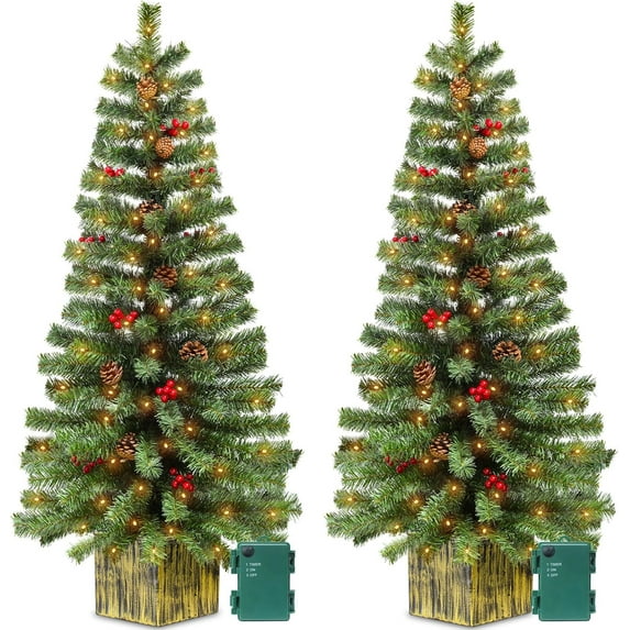 2 Pack 4 Ft Artificial Christmas Entrance Tree in Fake Wooden Box Base ...