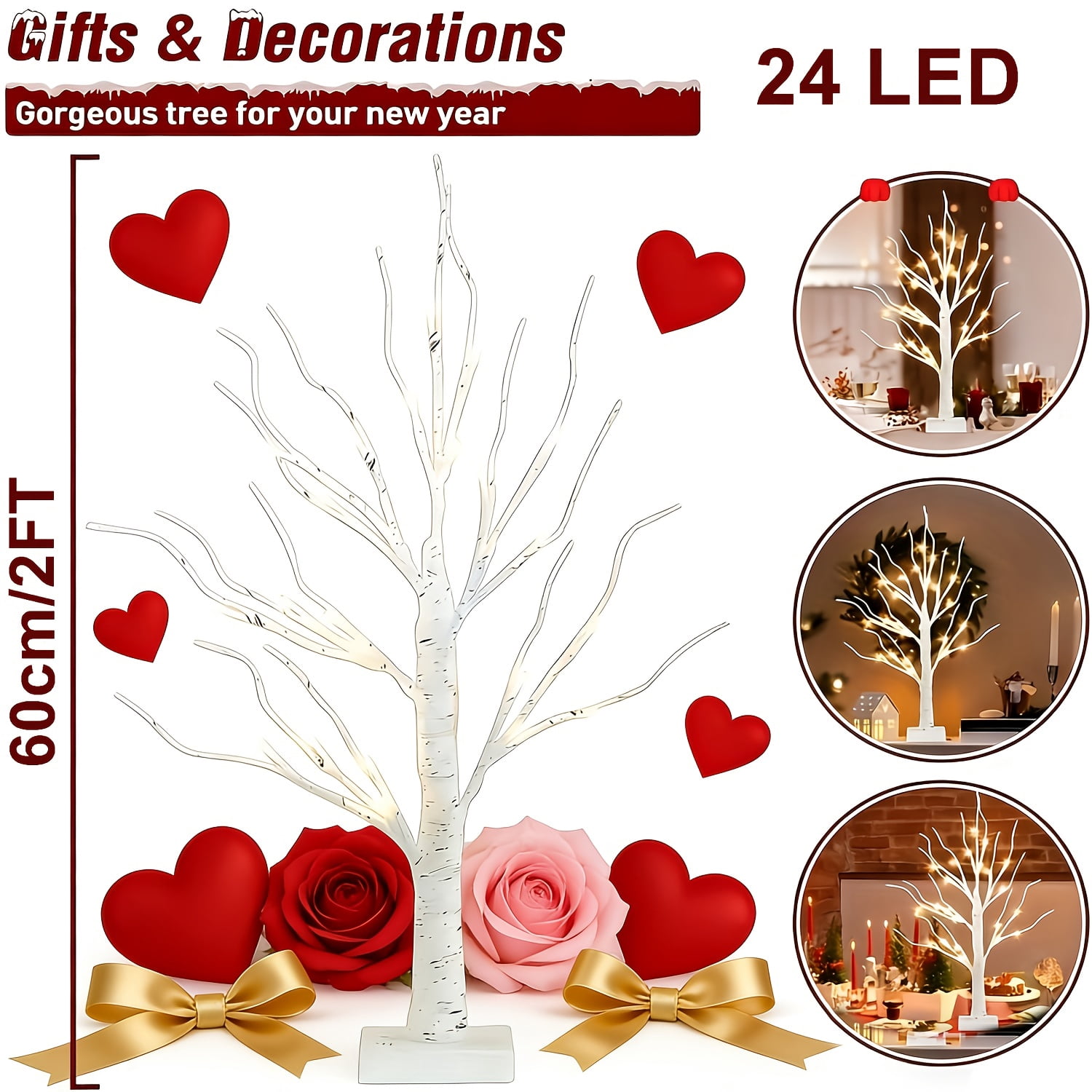 2 Pack/4 Pack Birch Tree With Lights, 24 LED Warm White Lights, LED ...