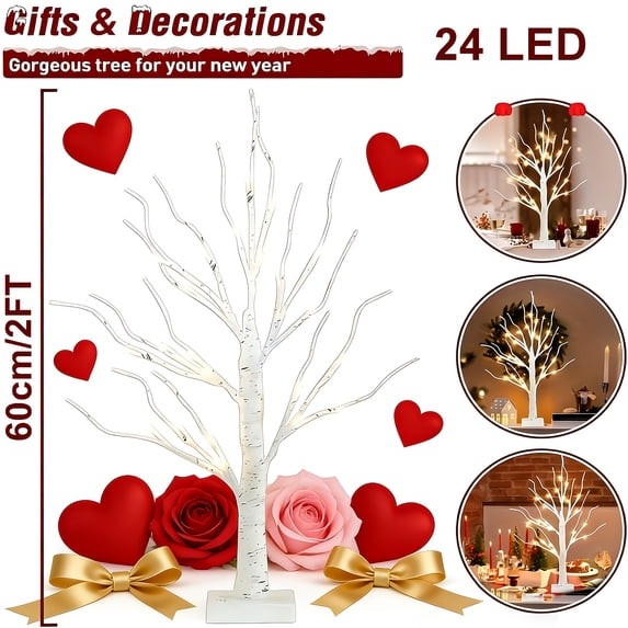 2 Pack/4 Pack Birch Tree With Lights, 24 LED Warm White Lights, LED ...