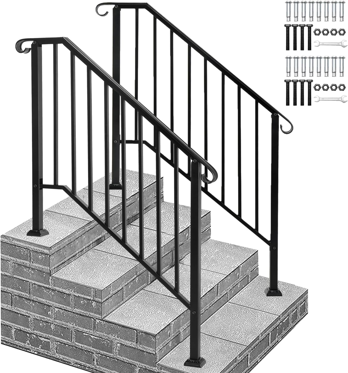 2 Pack 4 Step Handrails for Outdoor Steps, Fits 3 or 4 Steps Wrought ...
