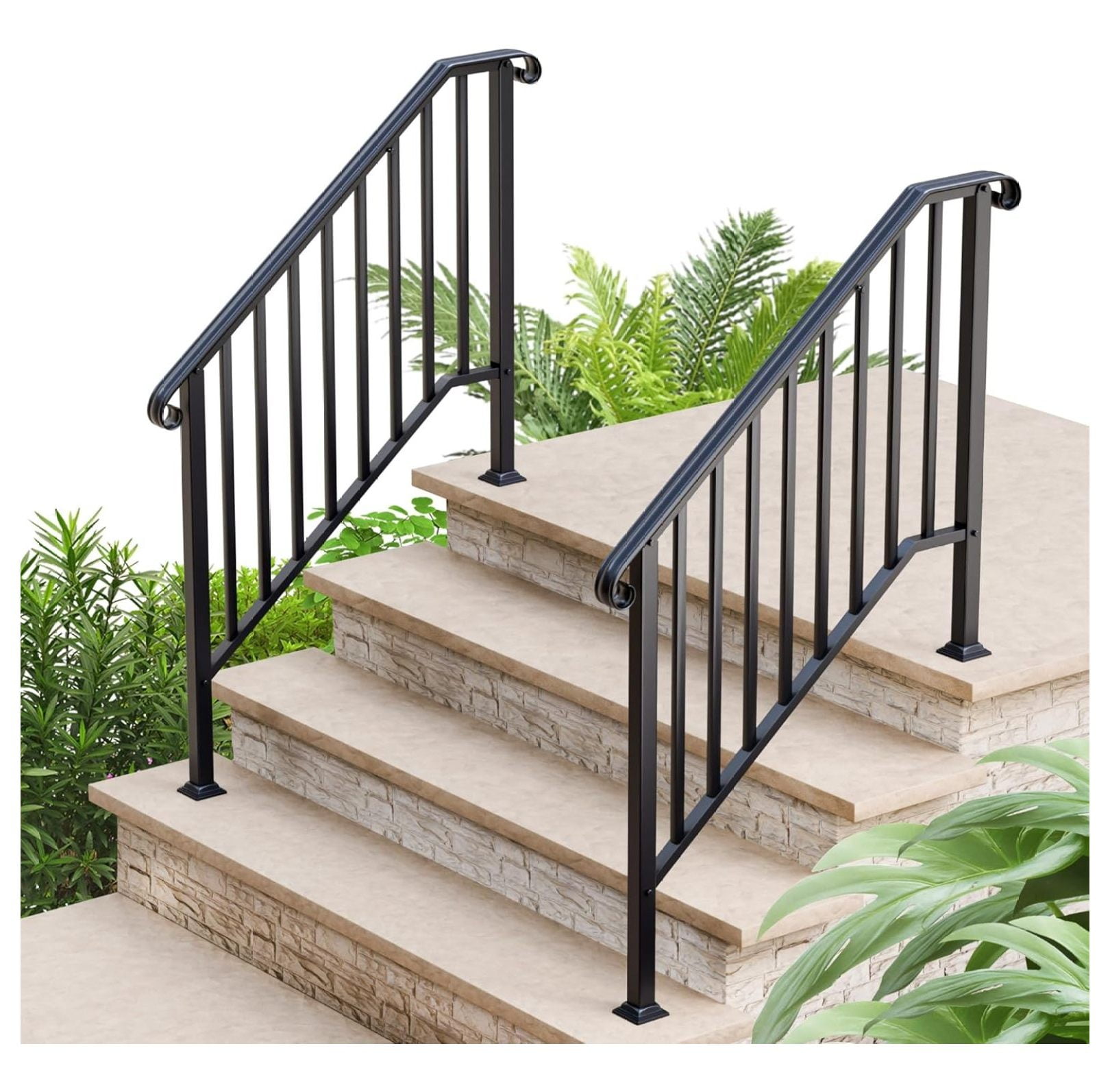 2 Pack 4 Step Handrails for Outdoor Steps, Wrought Iron Stair Railing ...