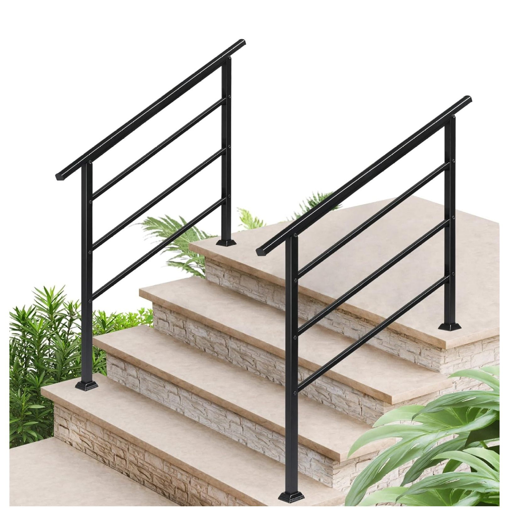 2 Pack 4 Step Handrails for Outdoor Steps, Wrought Iron Stair Railing ...