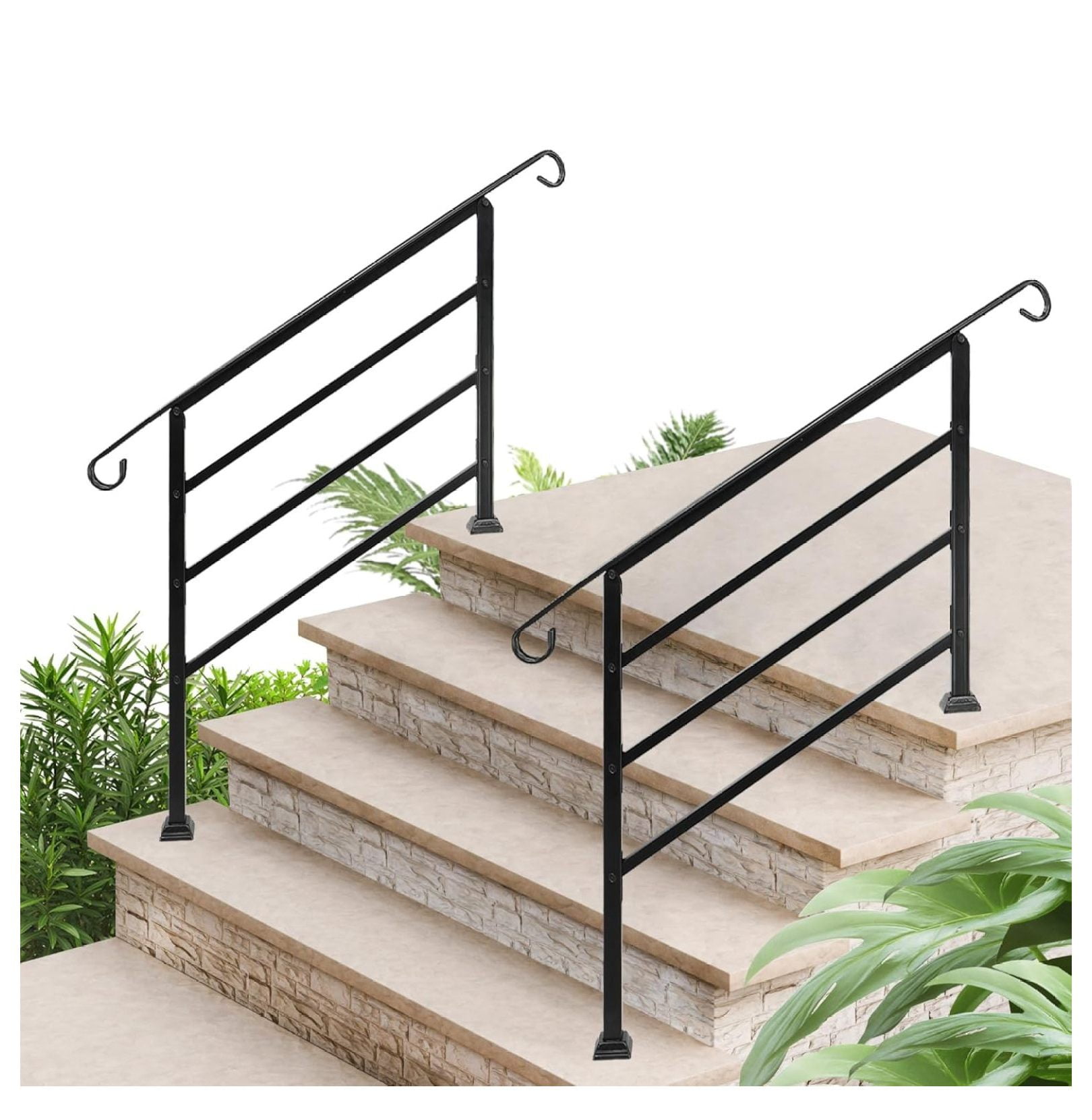 2 Pack 4 Step Handrails for Outdoor Steps, Wrought Iron Stair Railing ...