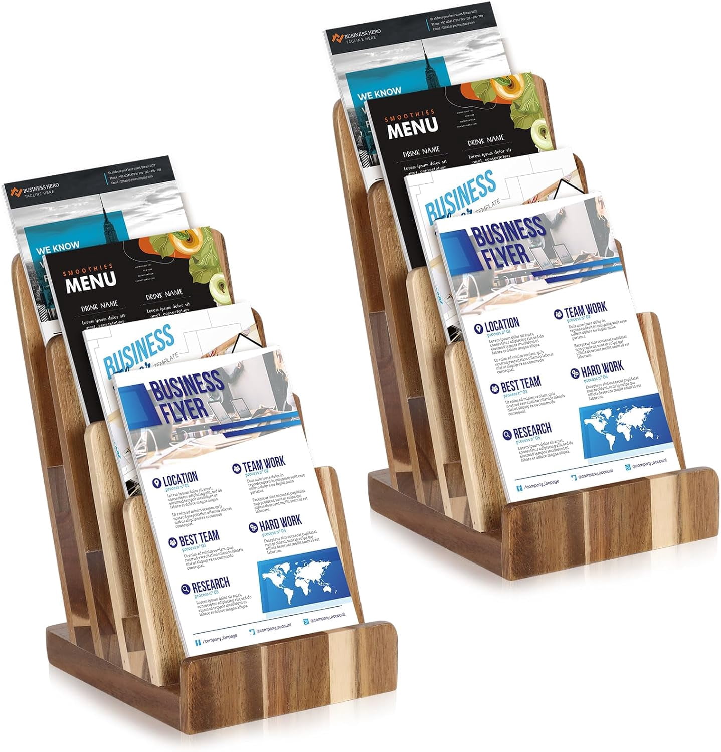 2-Pack 4-Tier Acacia Wood Brochure Holder Stand, Literature Organizer ...