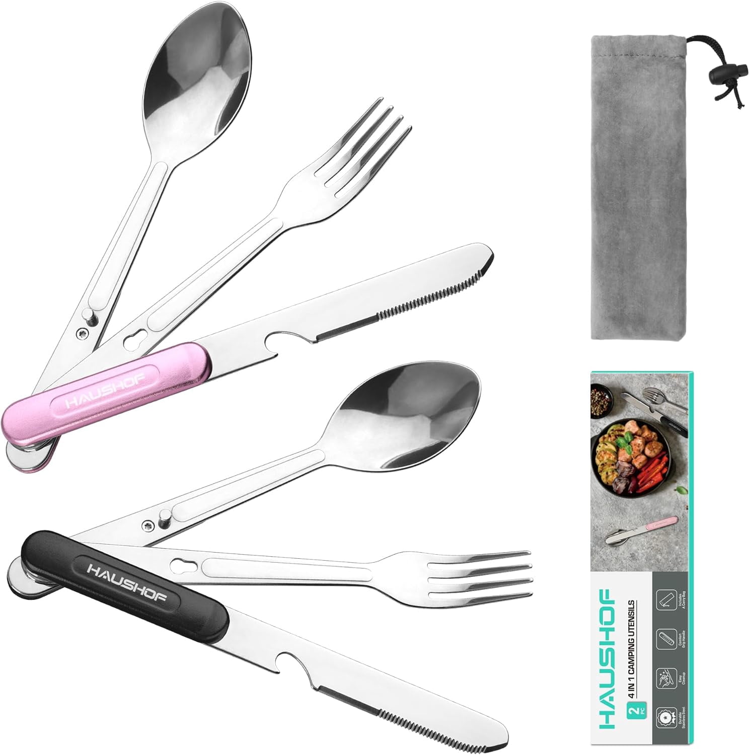 2-Pack 4-in-1 Camping Utensils, Stainless Steel Camping Eating Utensils ...