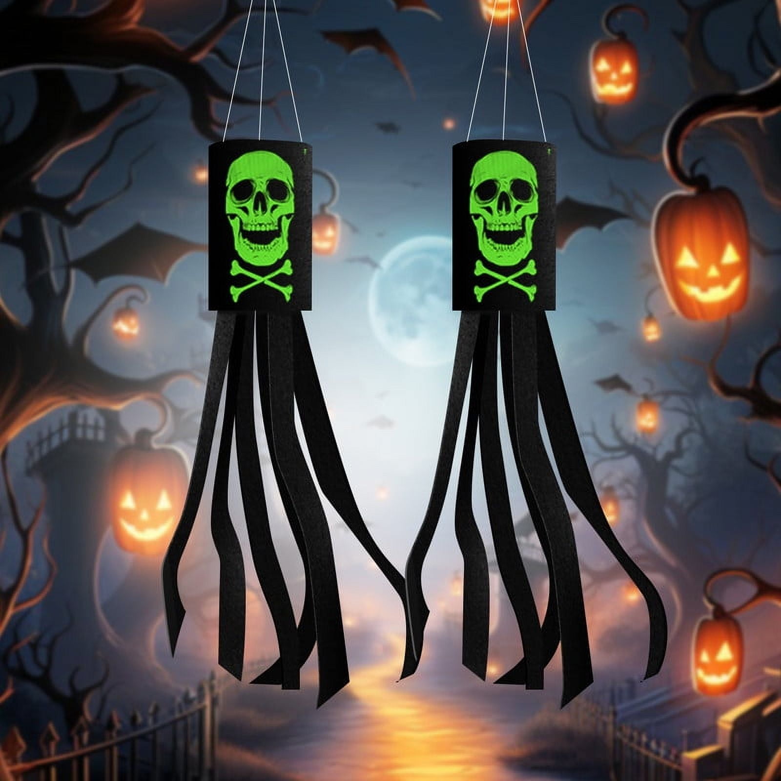 2 Pack 40 Inch Halloween Luminous Ghost Skull Windsock Flag, Glow in ...