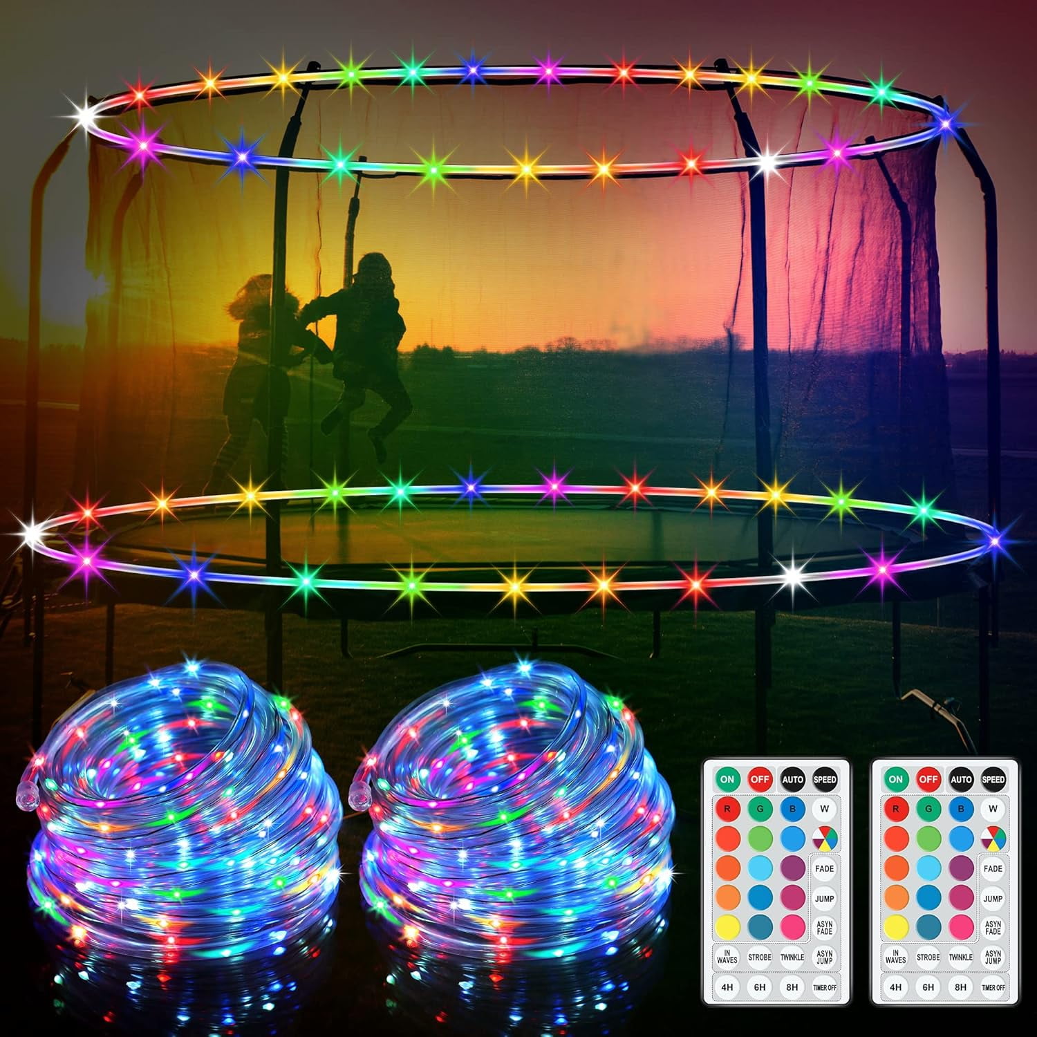 2 Pack 40FT RGB Trampoline Lights, Waterproof Battery Powered 100 LED ...
