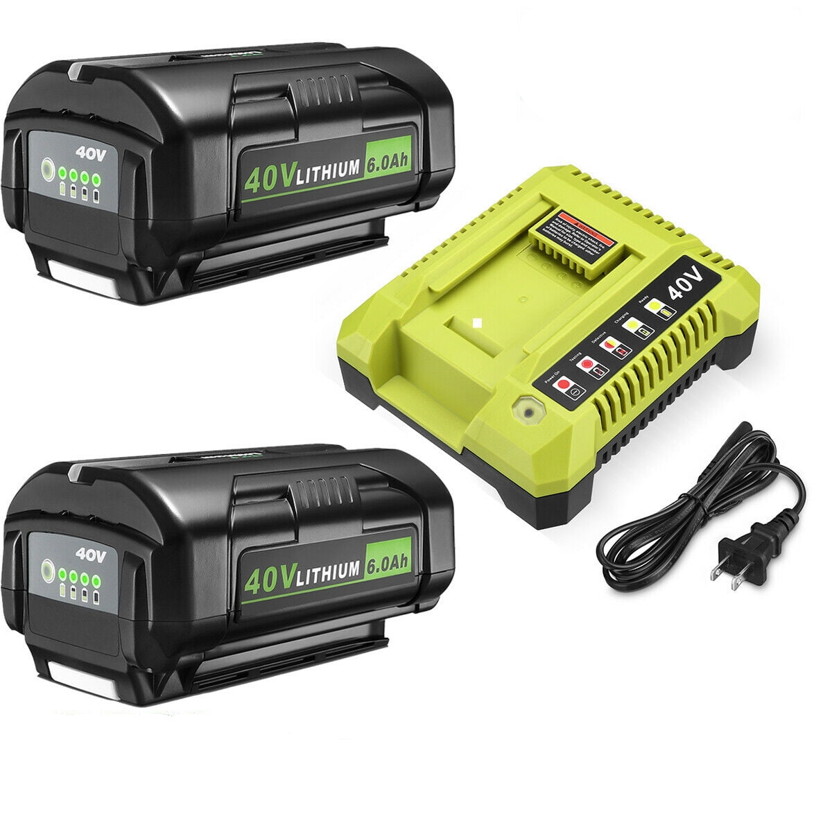 2-Pack Ryobi 40V 6000mAh Lithium-Ion Batteries + Charger with LED ...