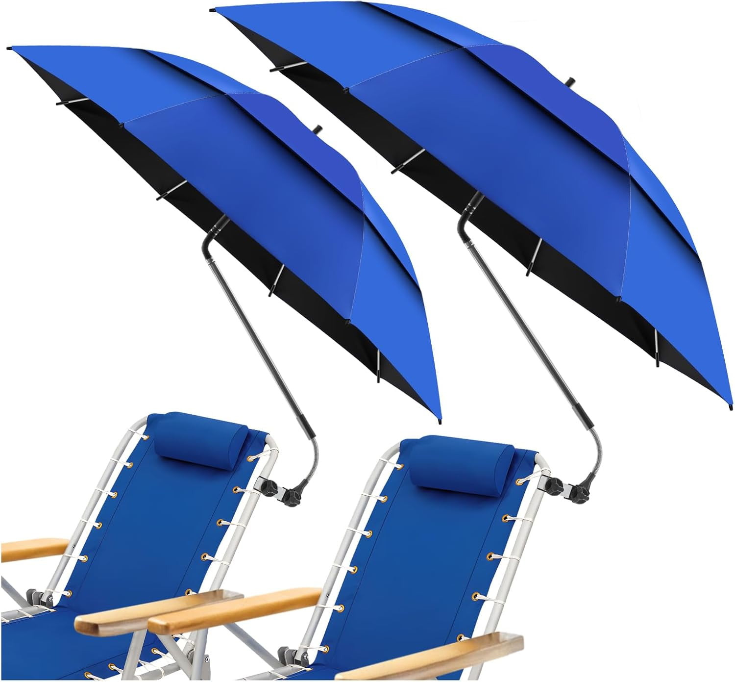 2 Pack 42" Double Canopy Beach Umbrella with Clamp, UPF50+ Beach Chair ...