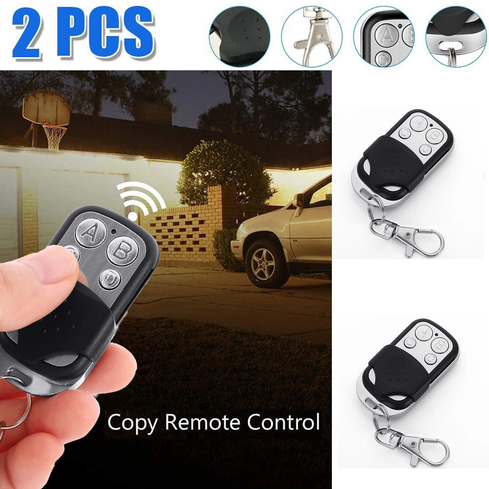 2 Pack 433Mhz Universal Garage Door Cloning Remote Control Key Chain ...