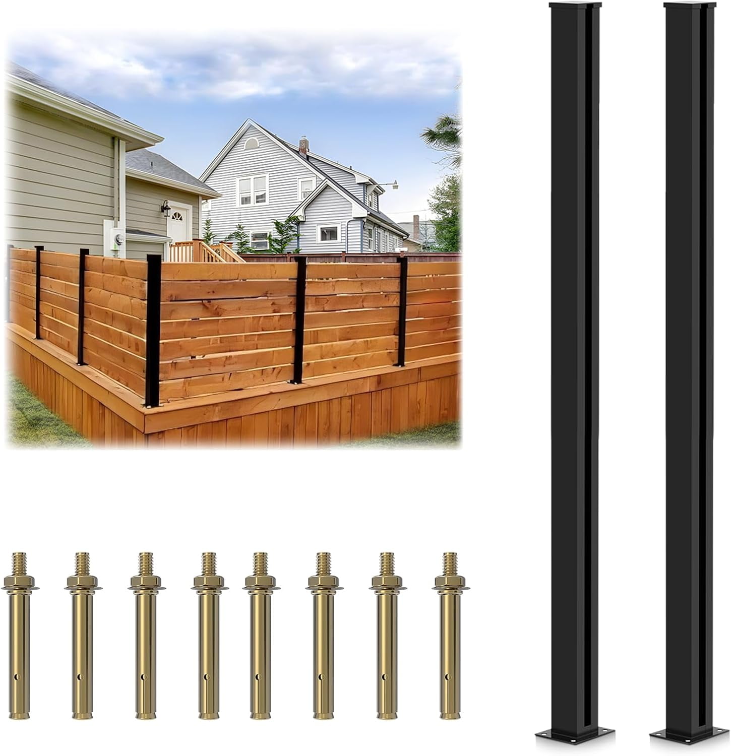 2 Pack 45" Aluminium Alloy Fence Post Line Post, Matte Black Metal Wood ...