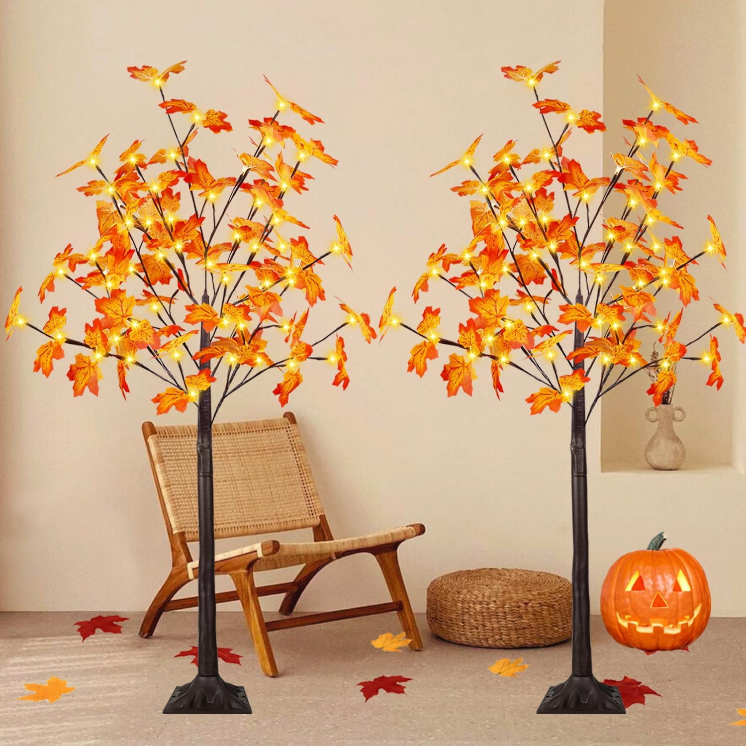 2 Pack 4FT Artificial Lighted Maple Tree, Fall Decorations for Home ...