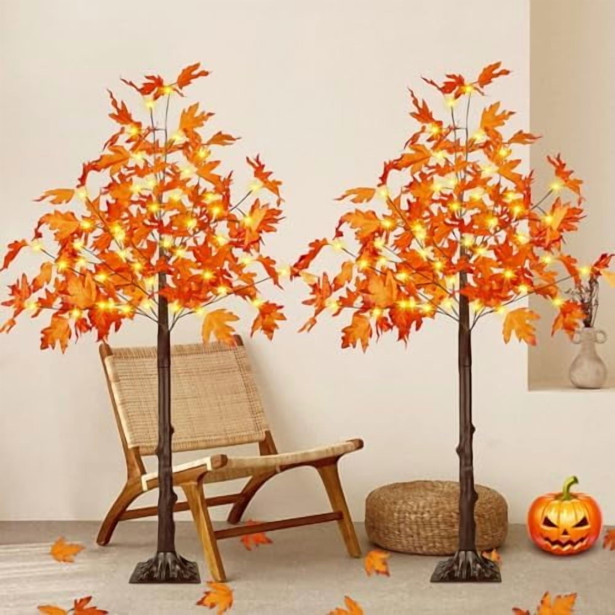 2 Pack 4FT Artificial Lighted Maple Tree, Thanksgiving Decorations for ...