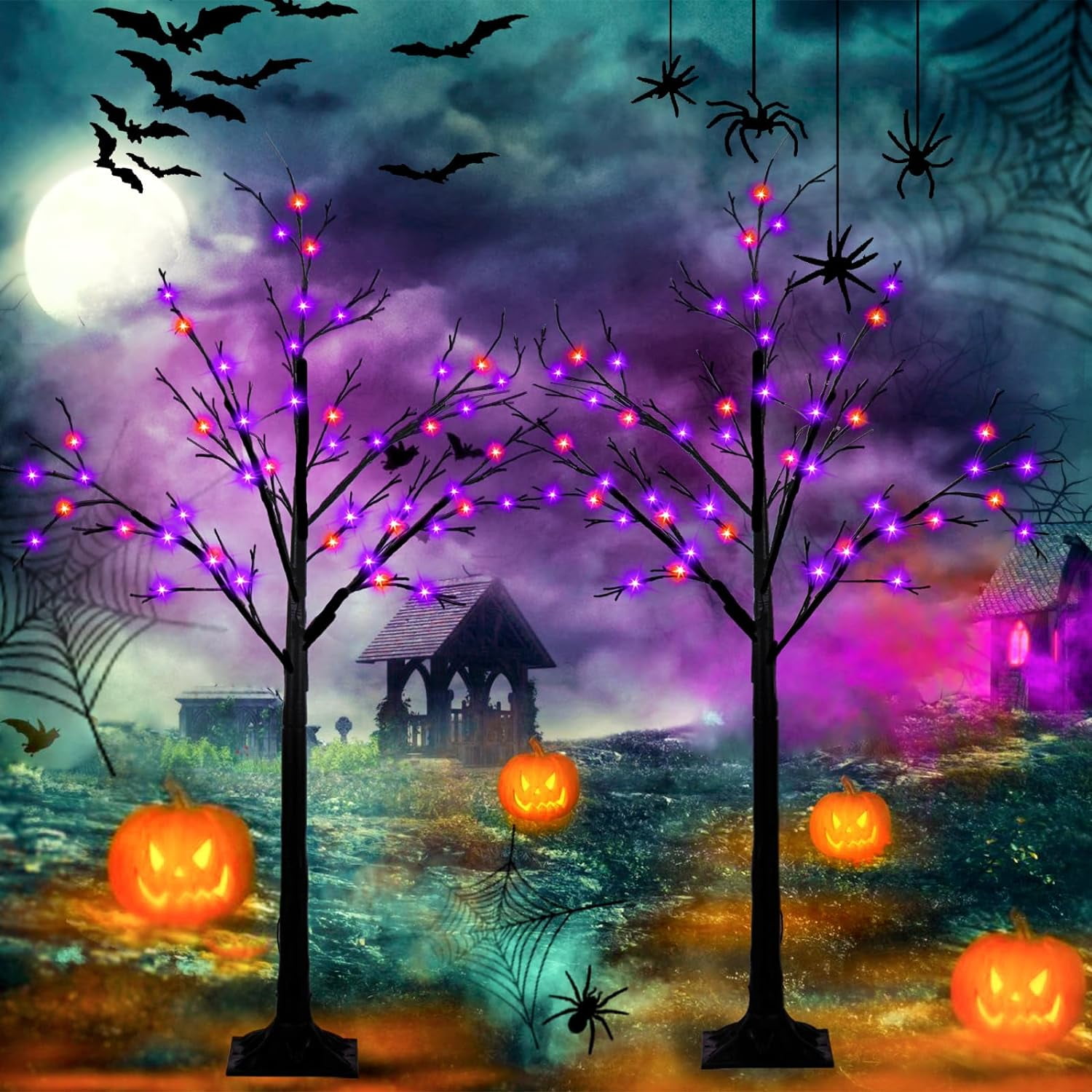 2-Pack 4FT Lighted Black Halloween Tree with 96 LED Orange & Purple ...