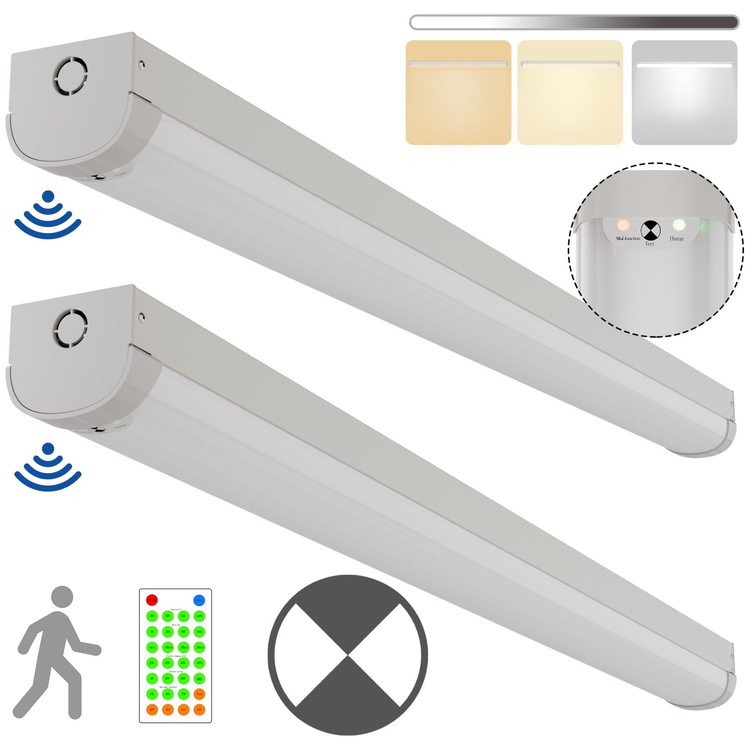 2 Pack 4FT Tri-Level Sensor LED Linear Strip Emergency Stairwell Light w/Remote, CCT 20W/40W ...