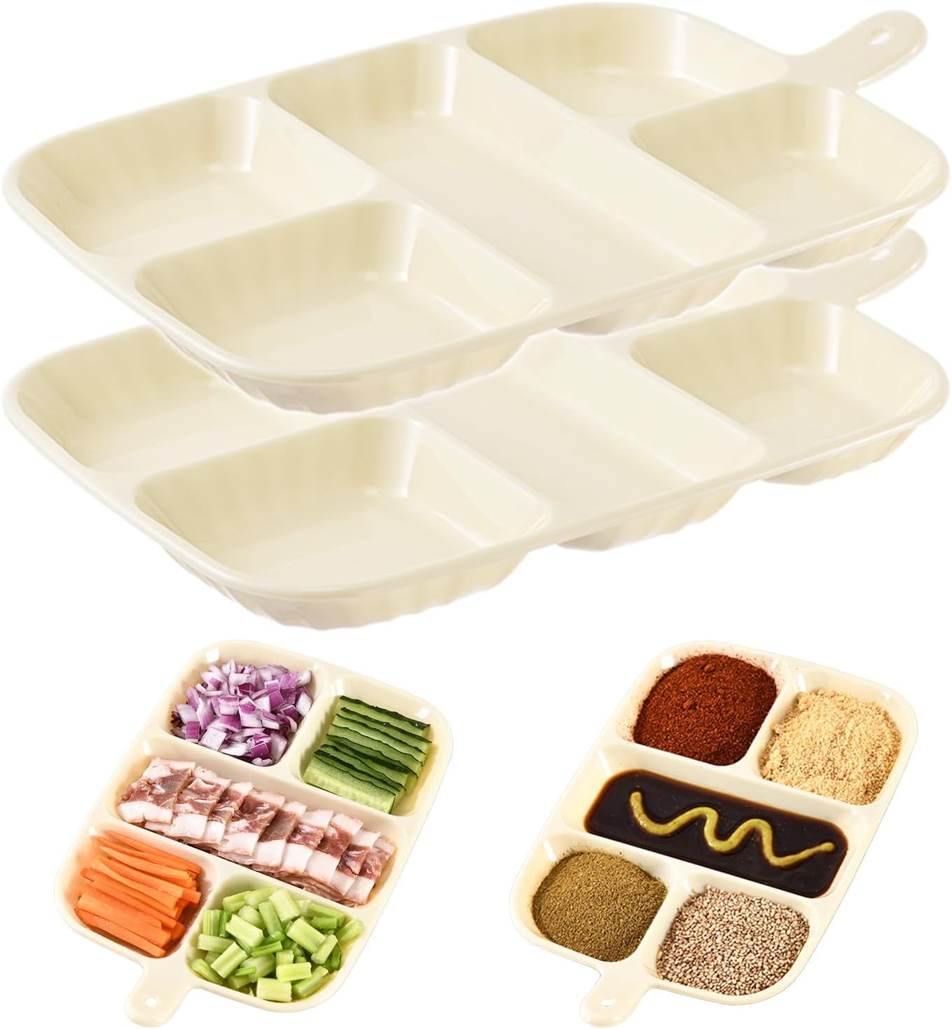 2-Pack 5-Compartment Divided Meal Prep Trays with Handle, Rectangular ...