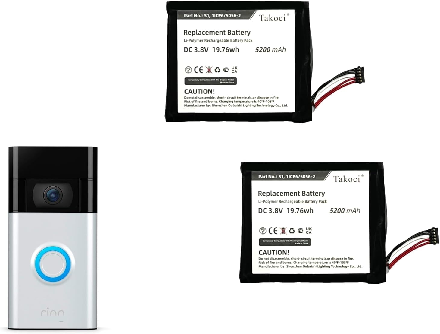 (2-Pack) 5-PIN Version Ring S1 Replacement Battery for 5UM5E5, Video ...