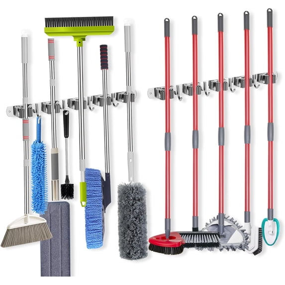 [2 Pack] 5 Racks and 4 Hooks Mop and Broom Holder Wall Mount, Self ...