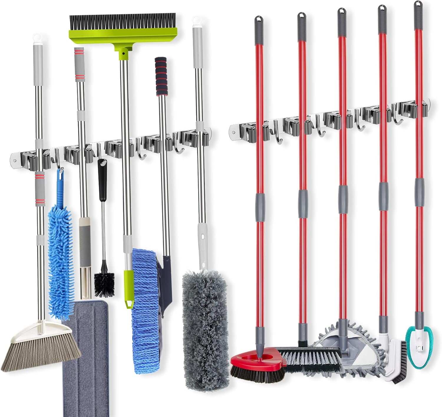 [2 Pack] 5 Racks and 4 Hooks Mop and Broom Holder Wall Mount, Self ...