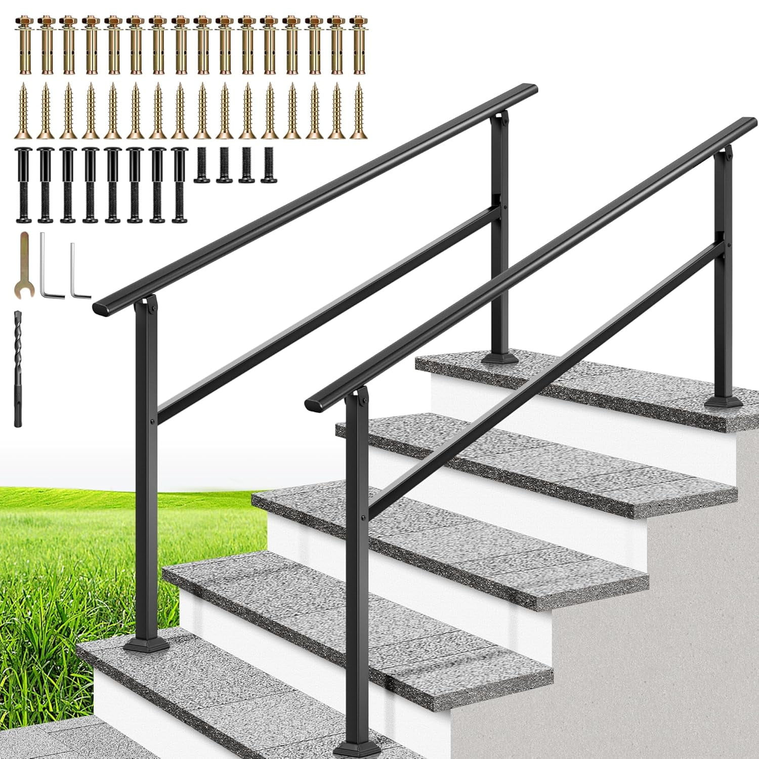 2-Pack 5 Step Hand Rails for Outdoor Steps, Wrought Iron Railing, Black ...