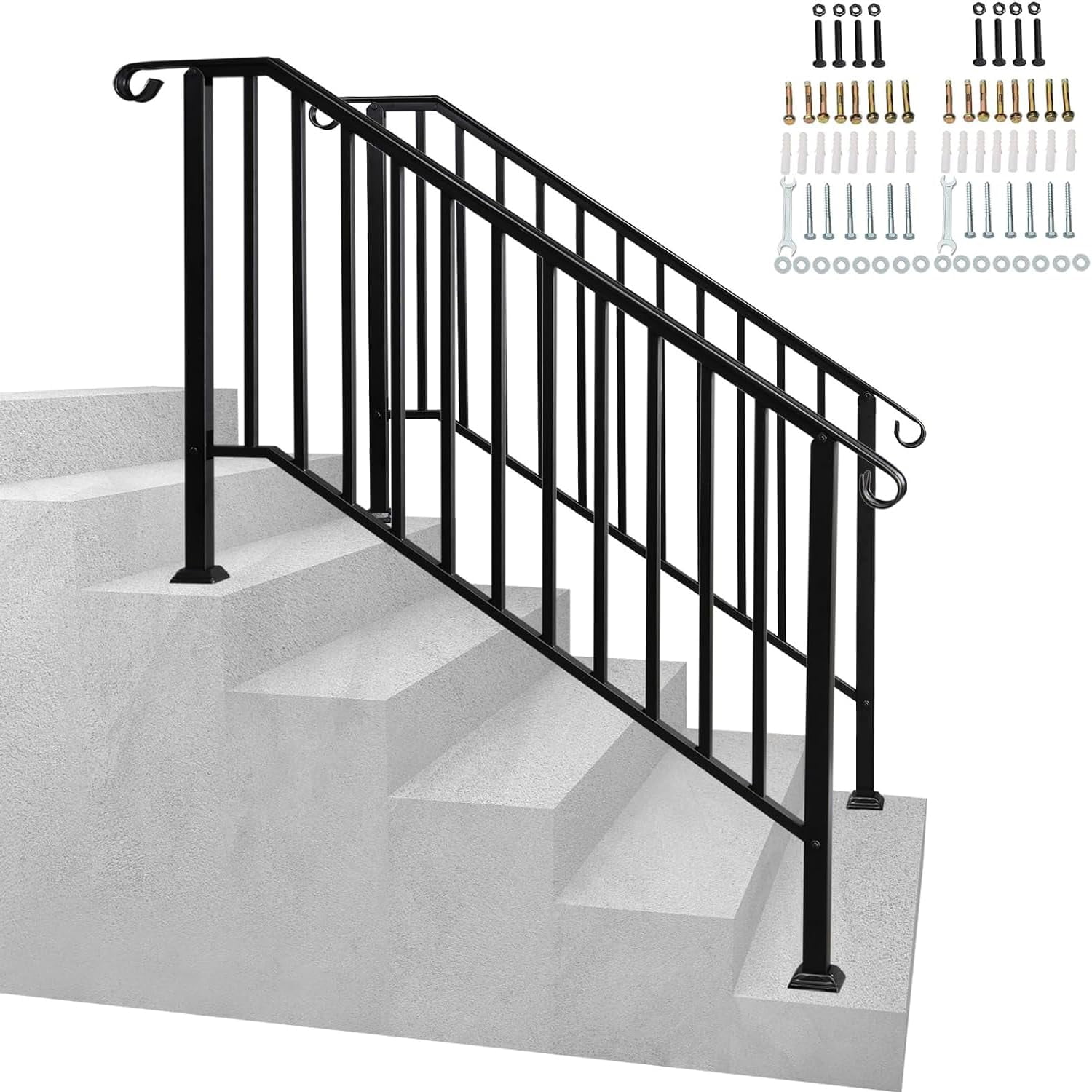 2 Pack 5 Step Handrails for Outdoor Steps, Fits 4 or 5 Steps Wrought Iron Stair Railing, Metal ...