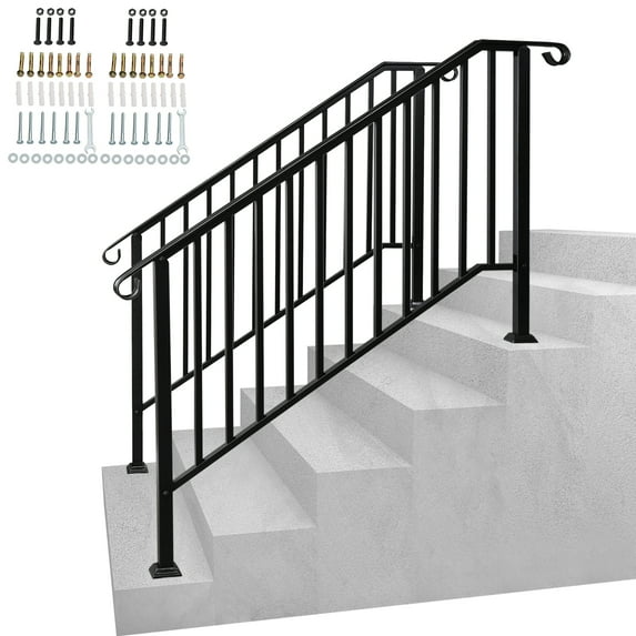 ANTSKU 2 Pack Wrought Iron Handrails for 4 or 5 Outdoor Steps, Black ...