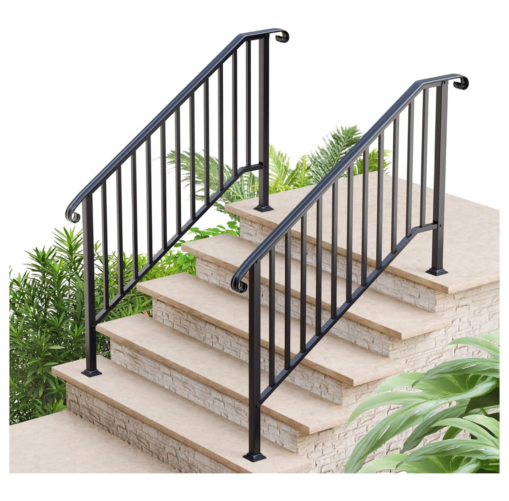 2 Pack 5 Step Handrails for Outdoor Steps, Wrought Iron Stair Railing ...