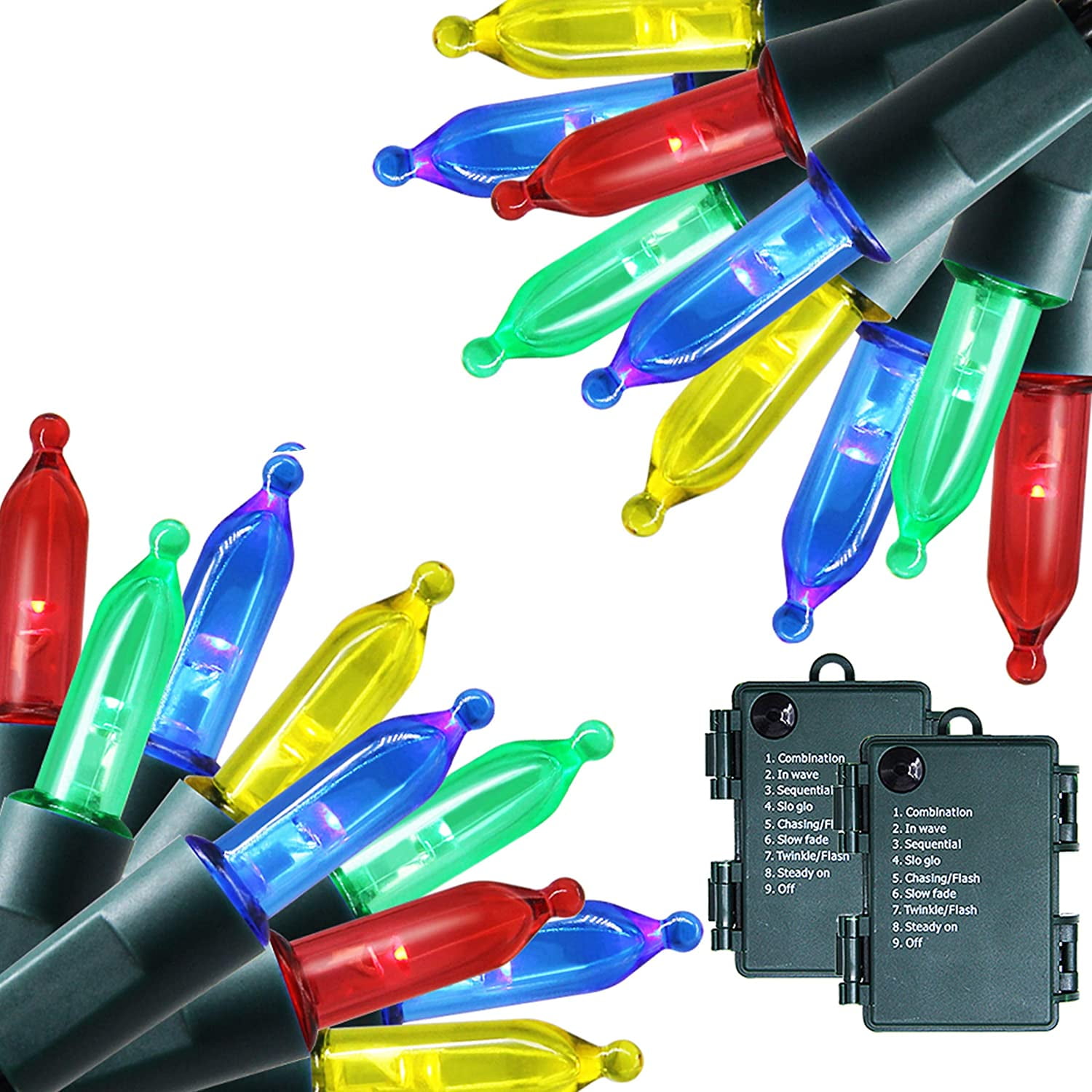 2 Pack 50 LED Outdoor Christmas Lights, 16FT Battery Operated Mini ...