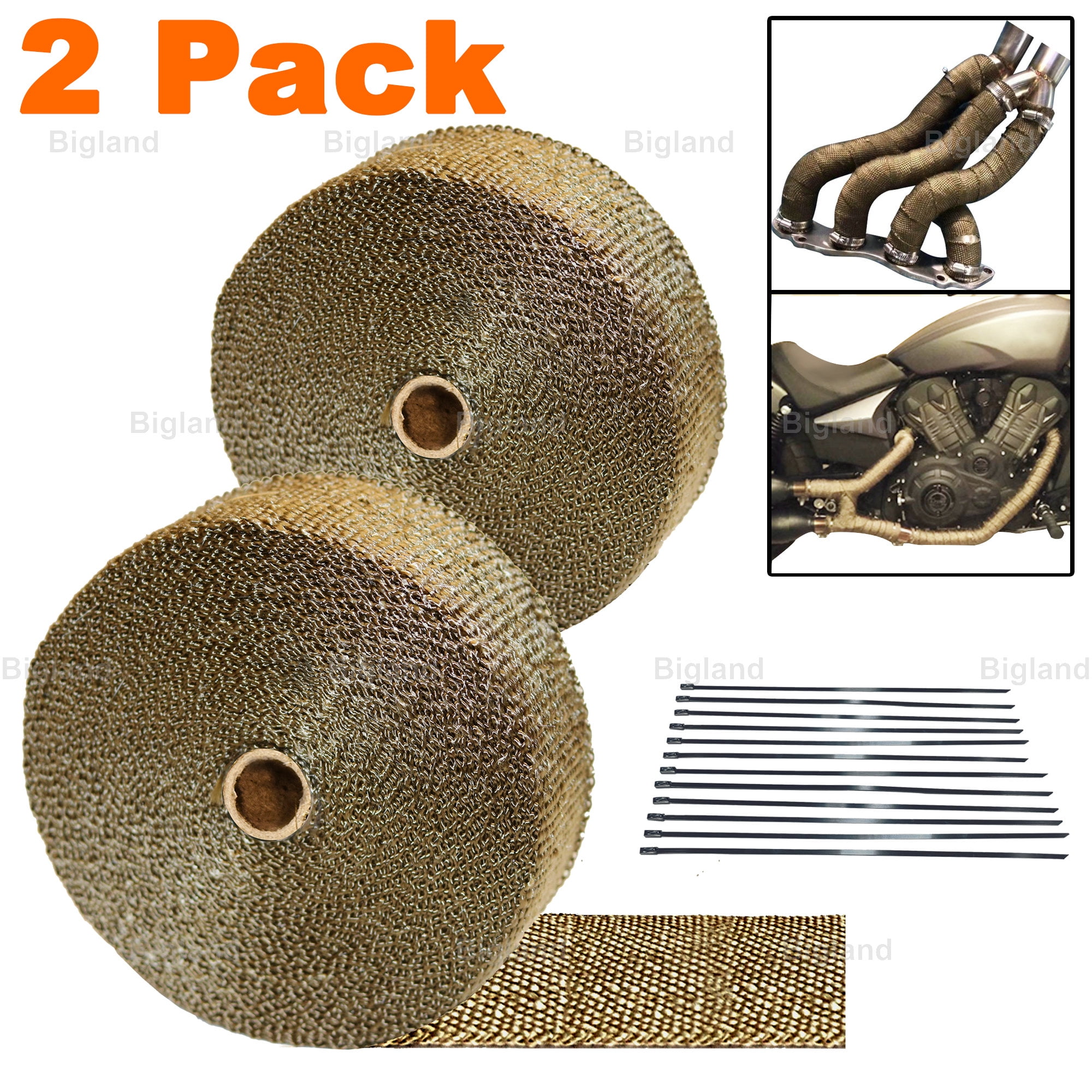 2 Pack 50ft 2-inch Titanium Pipe Header Manifold Exhaust Heat Wrap Tape ...