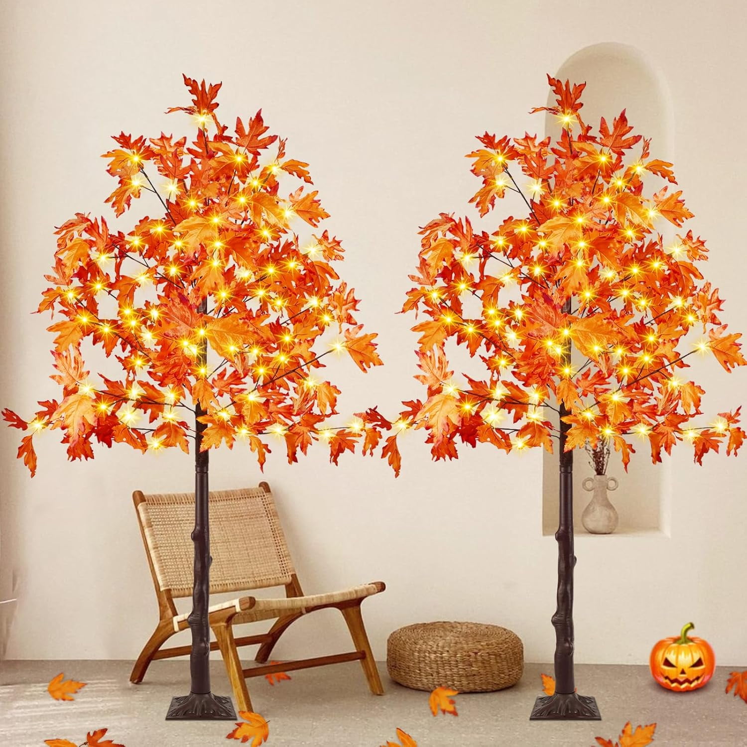 2 Pack 5FT Artificial Lighted Maple Tree, Halloween Decor Artificial ...